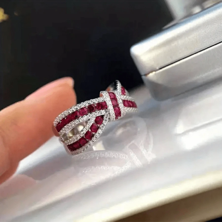 Elegant Promise Ring Chic Bow Knot Design Silver Plated Paved Shining ...