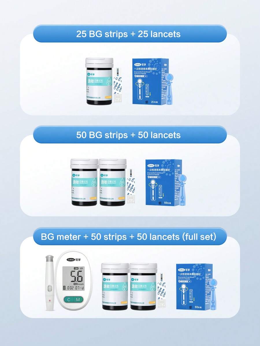 Cofoe Kit de monitor de glucosa en sangre Cofoe sin código, compacto y confiable, 50 tiras de ...