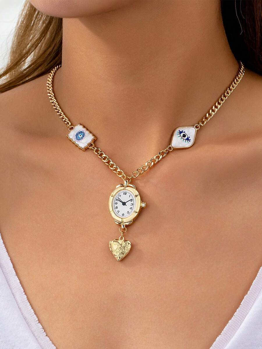 1 Pc Faux Clock Watch Pendant Necklace Enameled Evil Eye Curb Chain ...