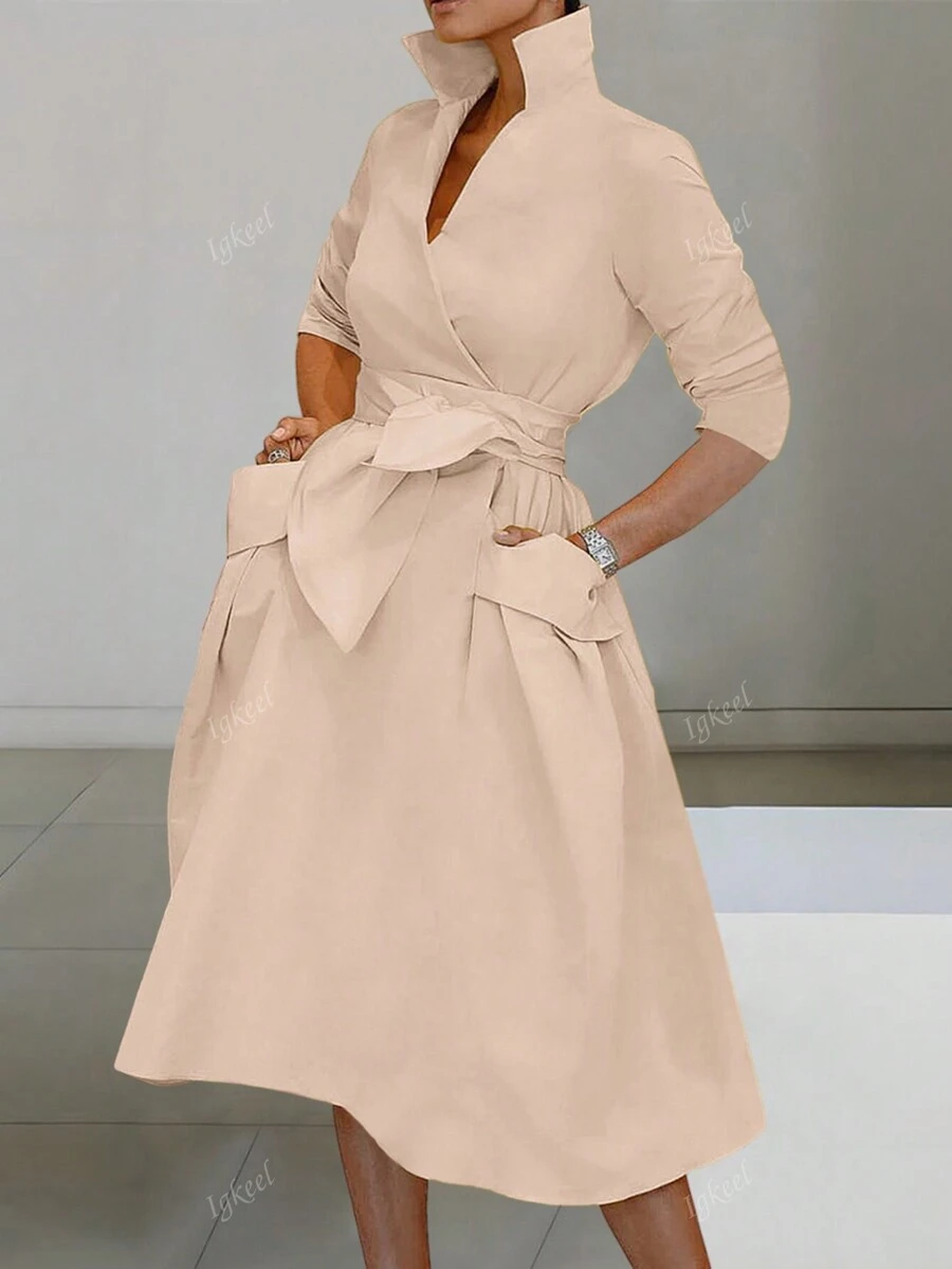 1pc Women Stand Collar Solid Color Drawstring Pocket Long Sleeve Dress, For Autumn | SHEIN USA