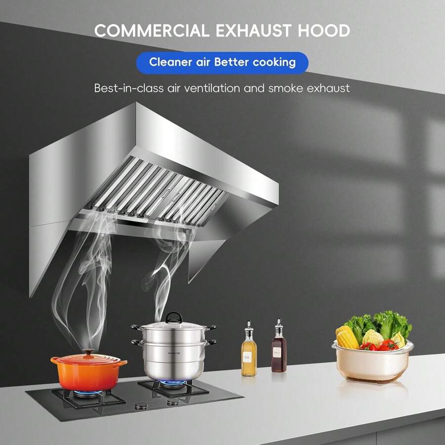 4-9 FT Stainless Steel Vent Hood, Commercial Kitchen Exhaust System For ...