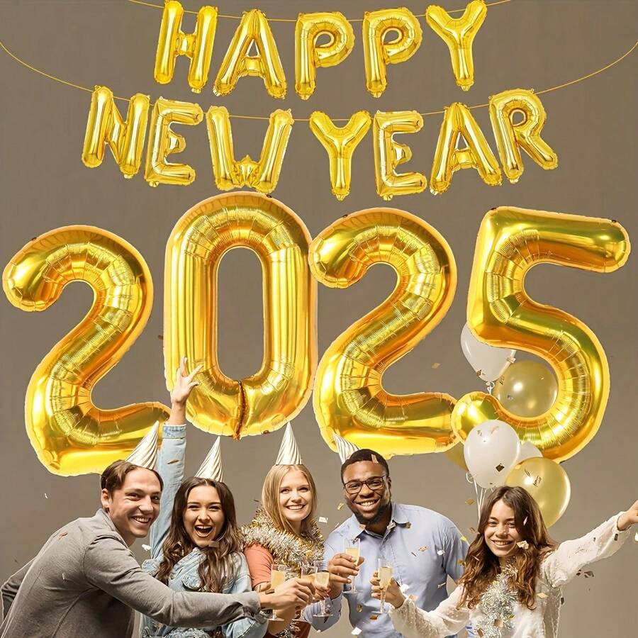ชุด 16ชิ้น/เซ็ต บอลลูนสีทอง 2025, บอลลูน Happy New Year ขนาด 32 นิ้ว ...