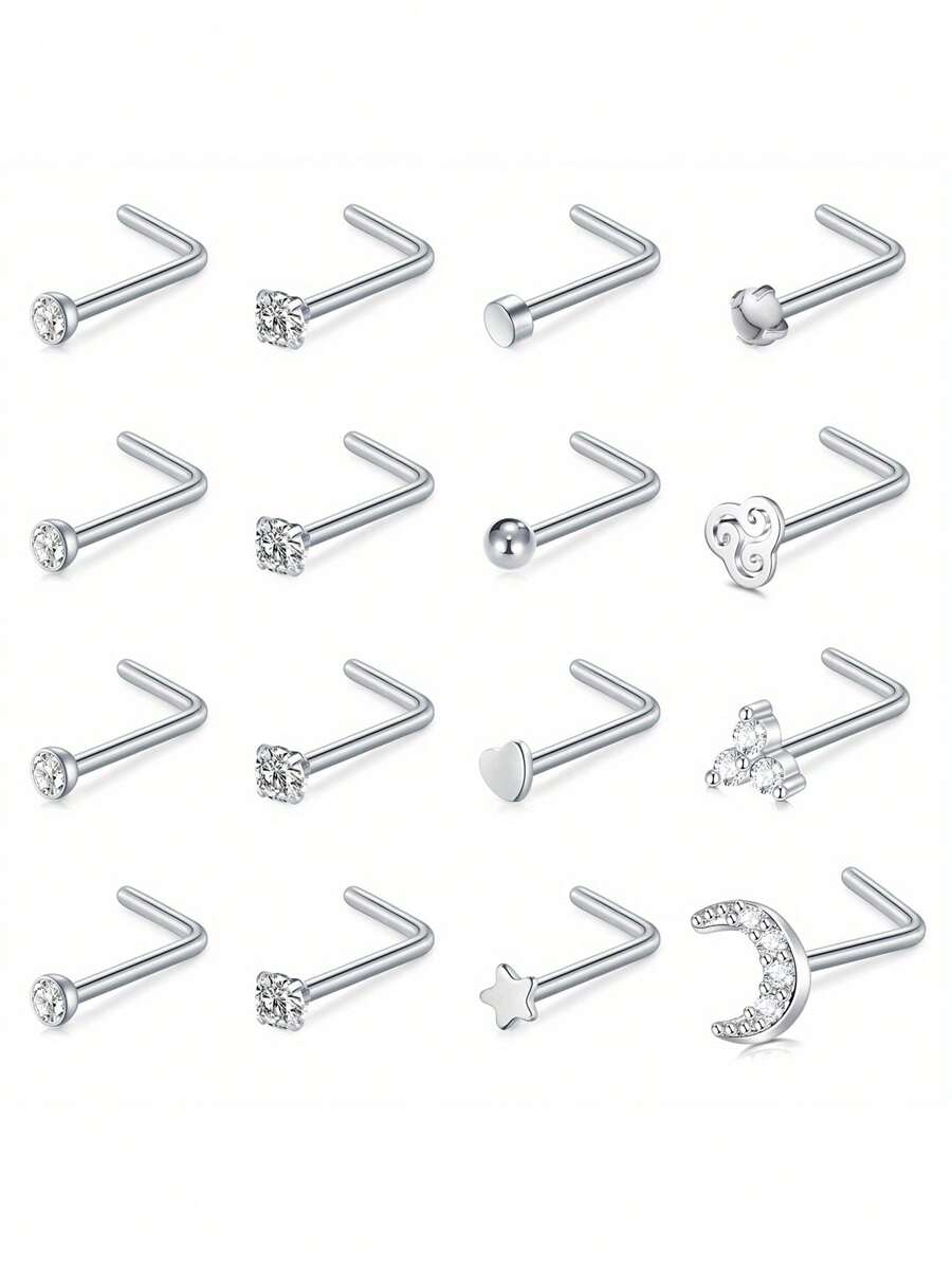 CIZME 16pcs Silver Nose Studs Pack Stainless Steel 20 Gauge Snake Moon ...