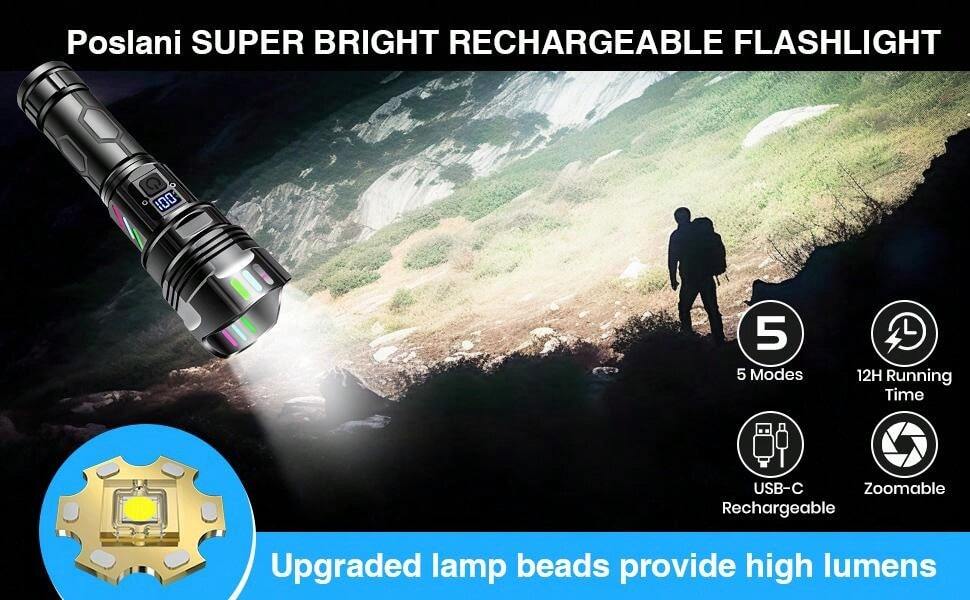 Poslani Poslani Flashlights LED High Lumens Rechargeable, 200000 Lumens ...