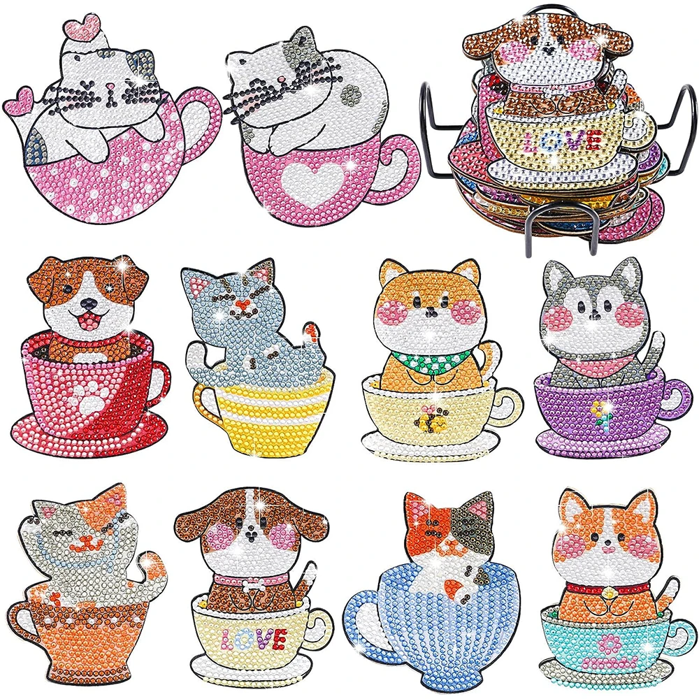 8pcs Coffee Cup Cat Design Diamond Painting Coasters, DIY Diamond Art ...