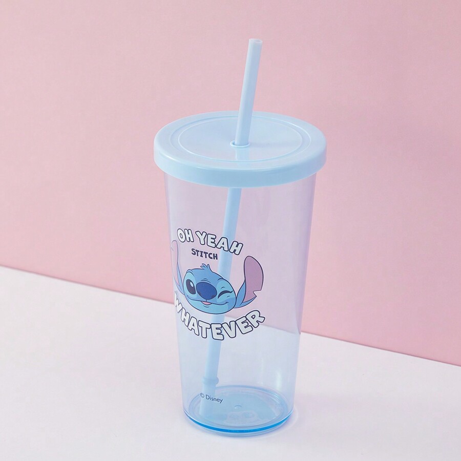 Miniso Stitch 600mL Plastic Cup With Straw For Indoor | SHEIN