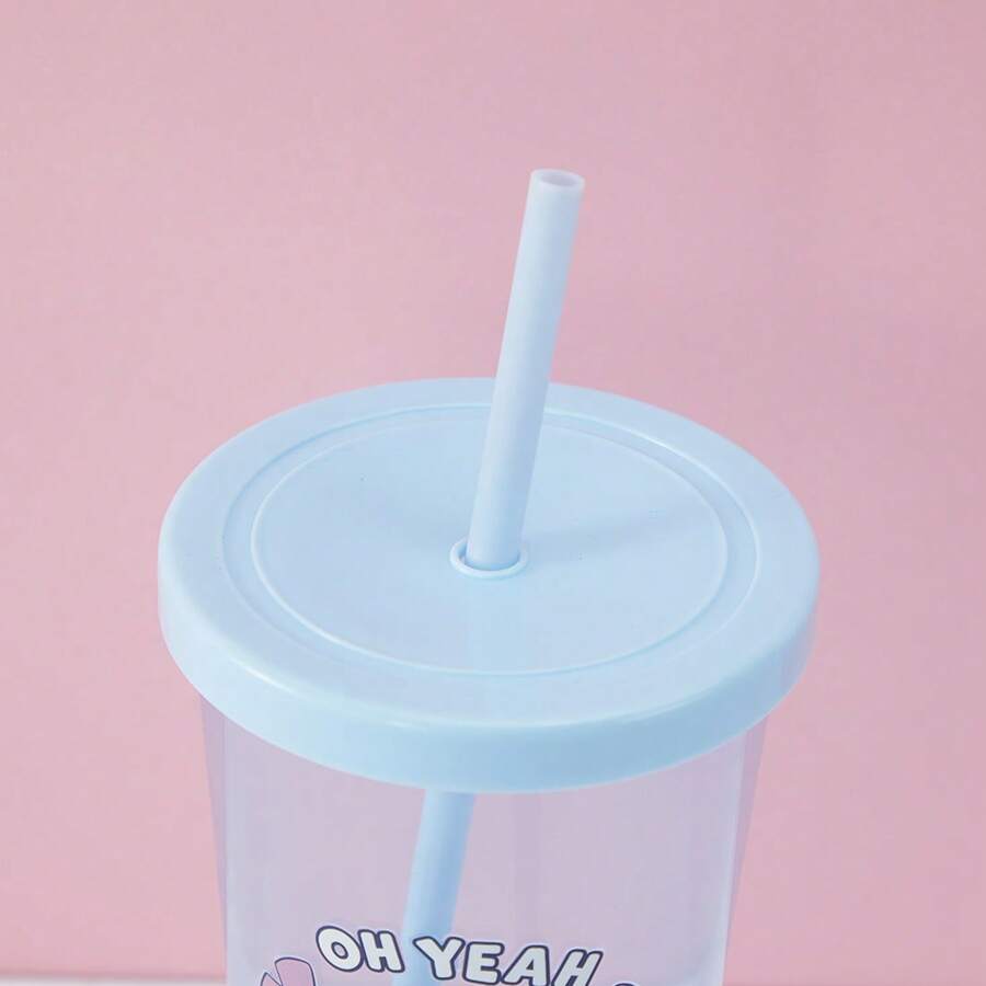 Miniso Stitch 600mL Plastic Cup With Straw For Indoor | SHEIN