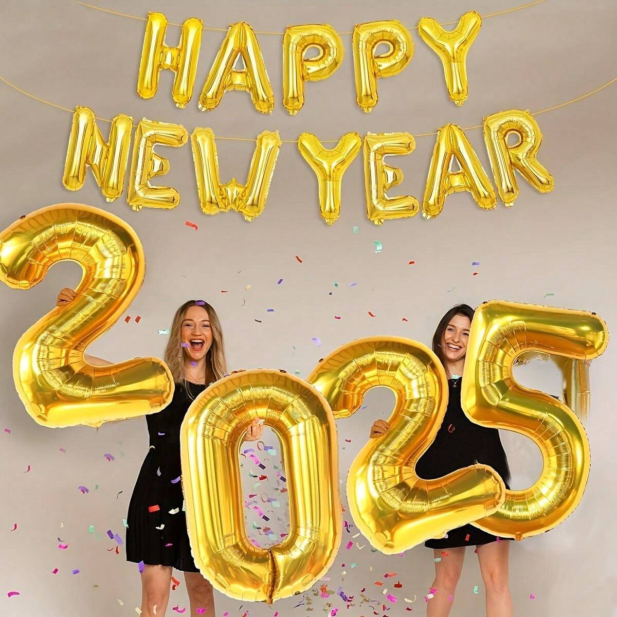 ชุด 16ชิ้น/เซ็ต บอลลูนสีทอง 2025, บอลลูน Happy New Year ขนาด 32 นิ้ว ...