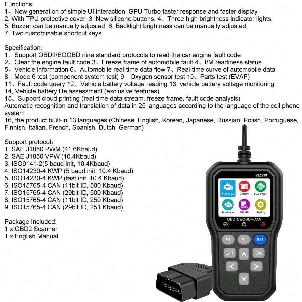 Battery Tester OBD2 Scanner YM319 Multi-Language Check Engine System ...