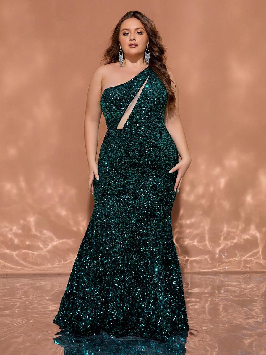 Plus Size Asymmetrical Neck Sequin Embellished Long Dress, Green ...