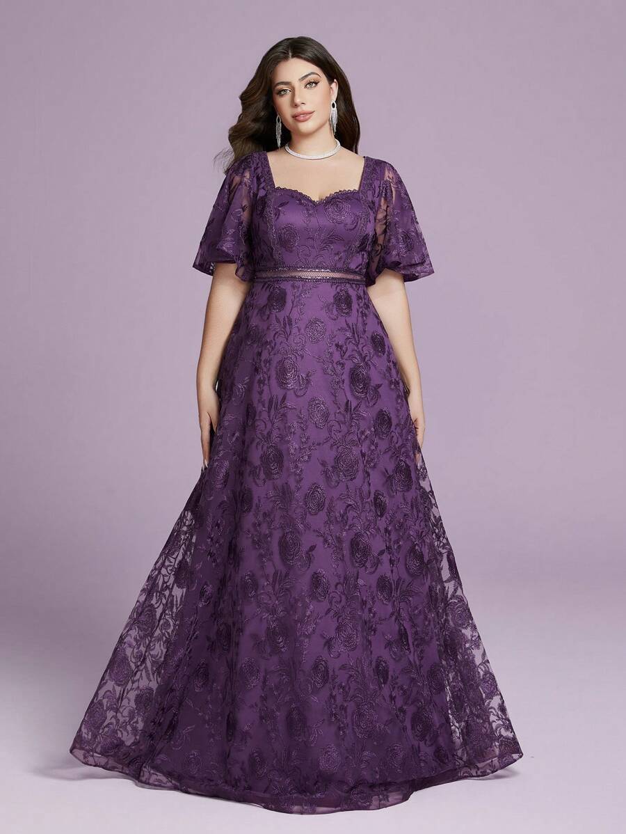 Plus Size Sweetheart Neck Embroidered Lace Beaded Ruffle Trim High-End ...