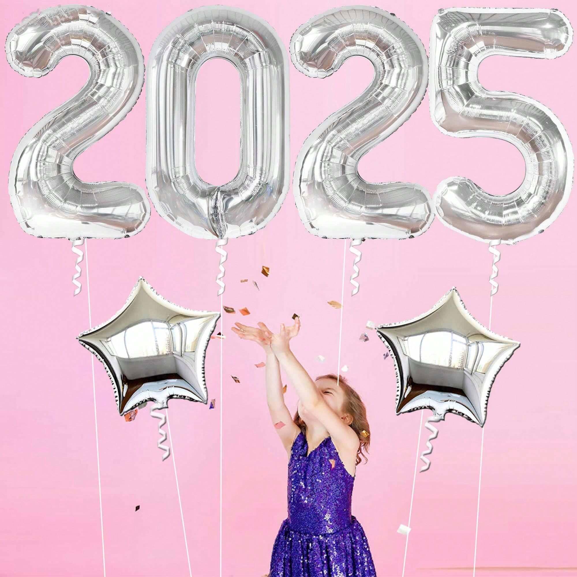 2025 Balloon Numbers Silver 32 Inch Gold 2025 Balloons With Silver Star ...