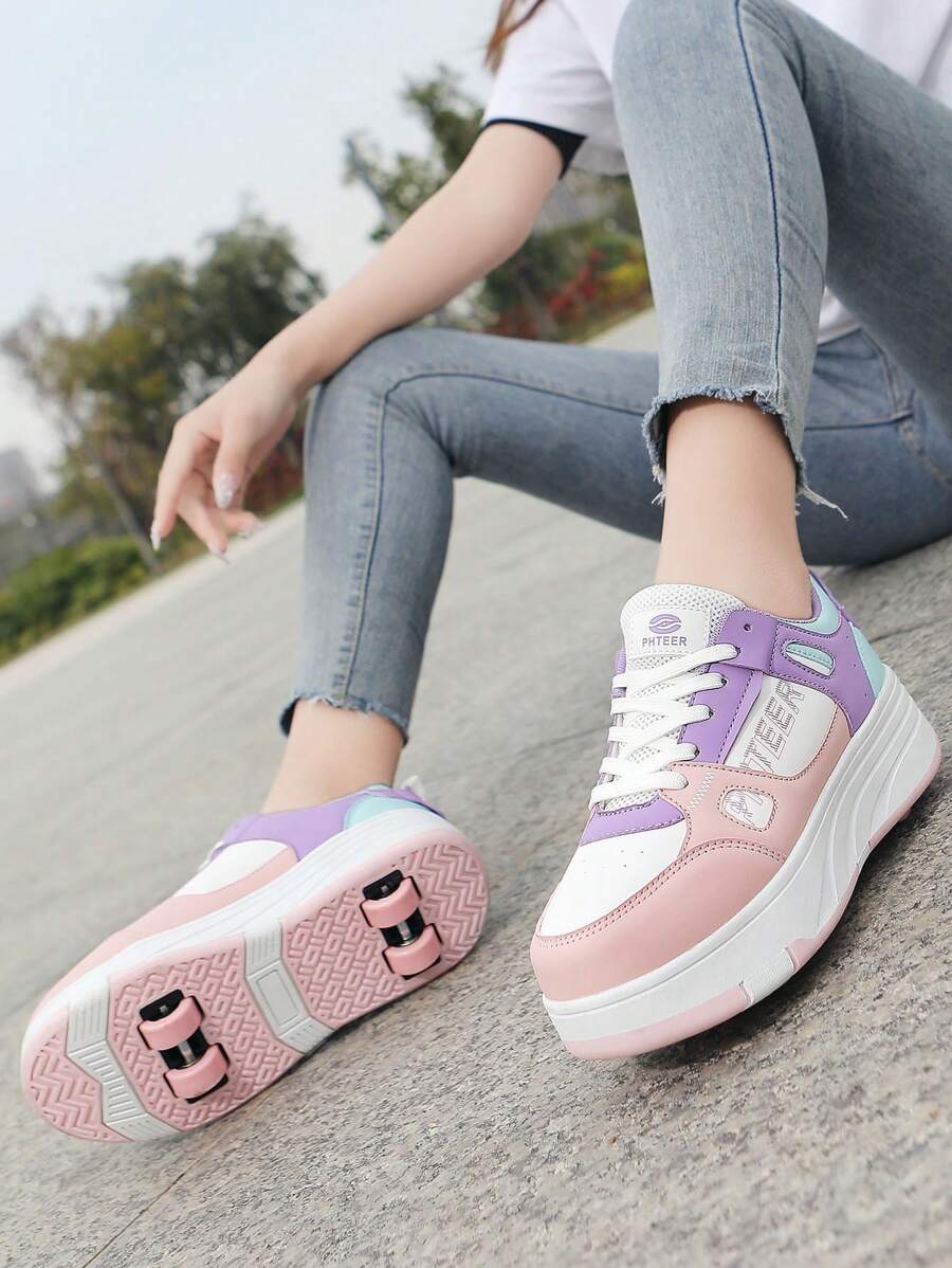 1 Pair Street Style White & Pink Printed Wheeled Skate Shoes With ...