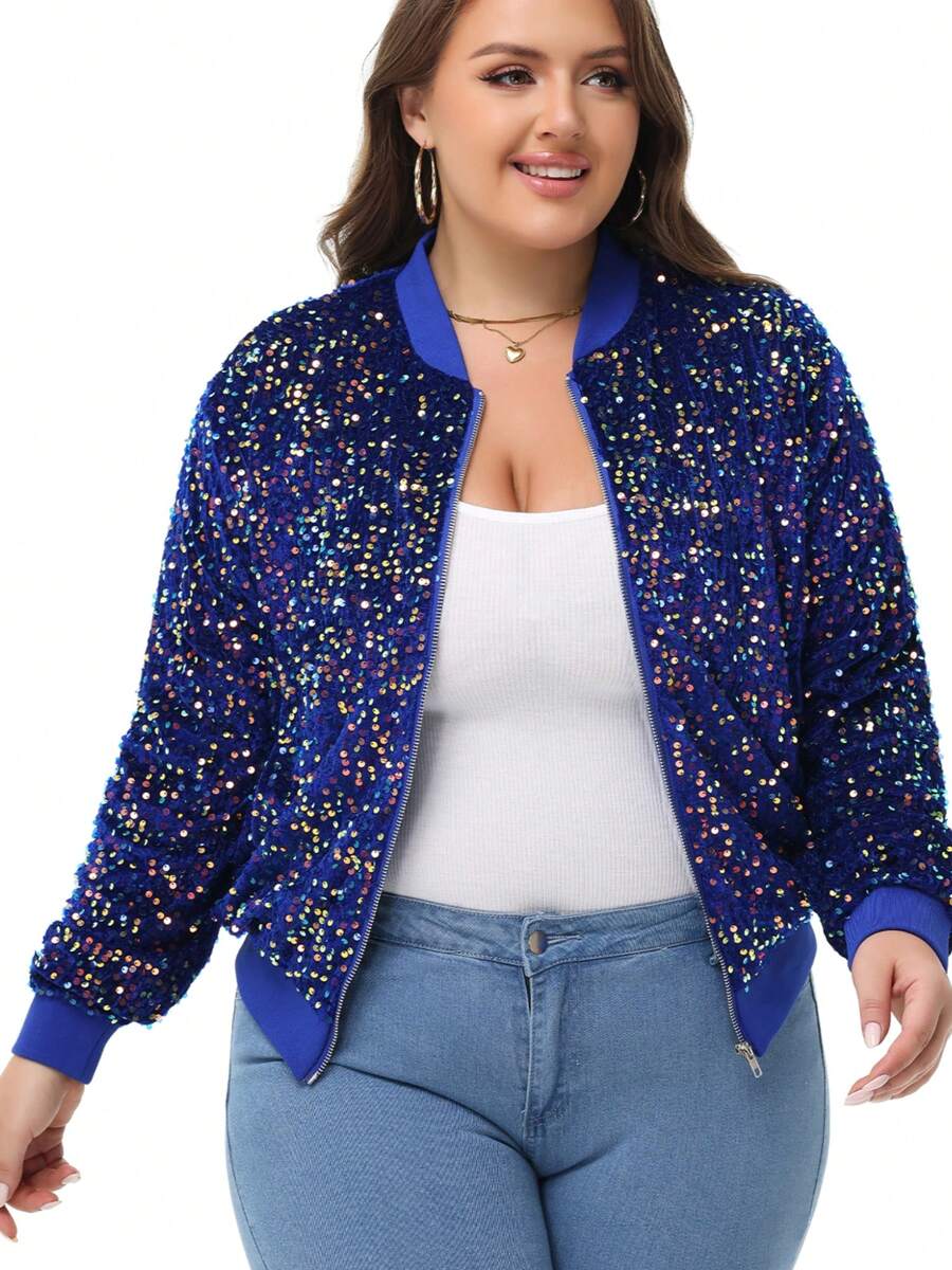 Women's Sequin Jacket Plus Size Sparkly Zip Bomber Coat With Pockets ...