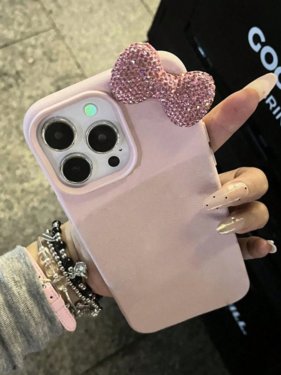 1pc Rhinestone Bow DIY Pattern Pink Faux Leather Full Cover Soft Case ...