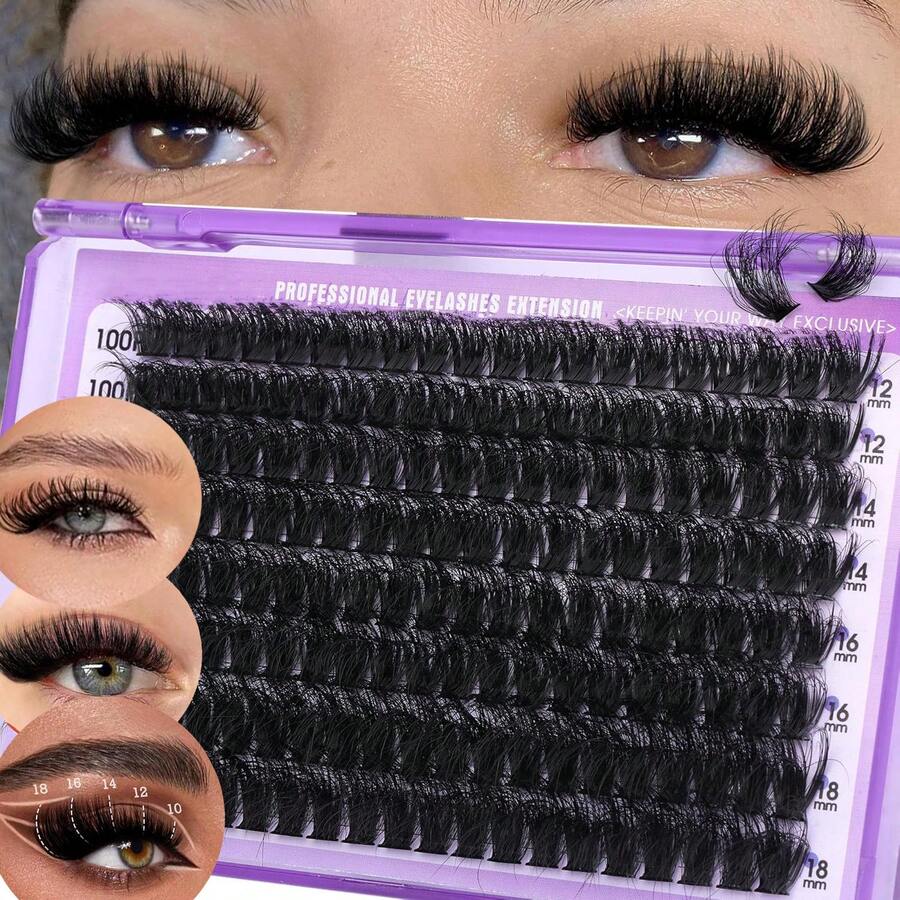 100D Thick Eyelash Extension Kit, 12-18mm Fluffy Eyelash Clusters ...