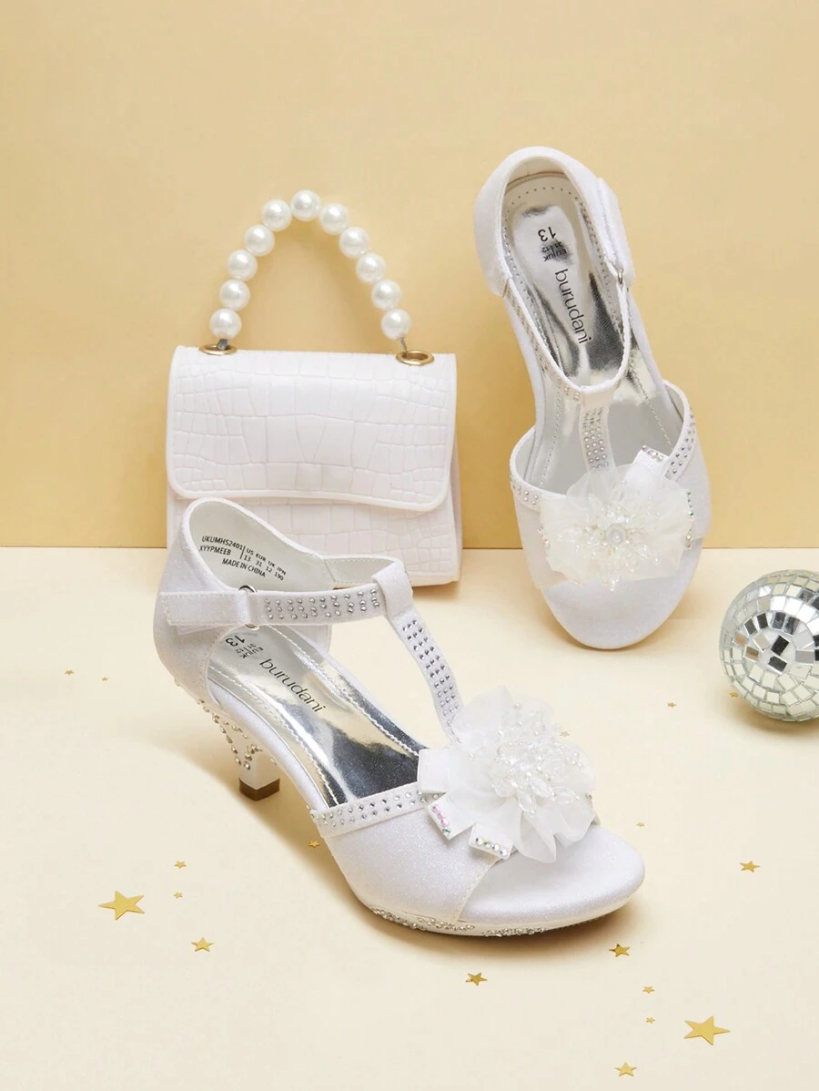 Girls High Heel Sandals Fashion T Strap Flower Decor Sandals With Hook ...