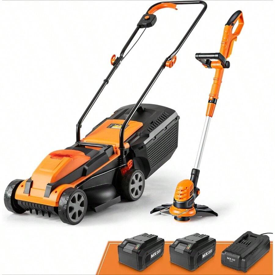 24V Max 13-Inch Lawn Mower And Grass Trimmer 10-Inch Combo With 2x4.0Ah Batteries And Charger ...