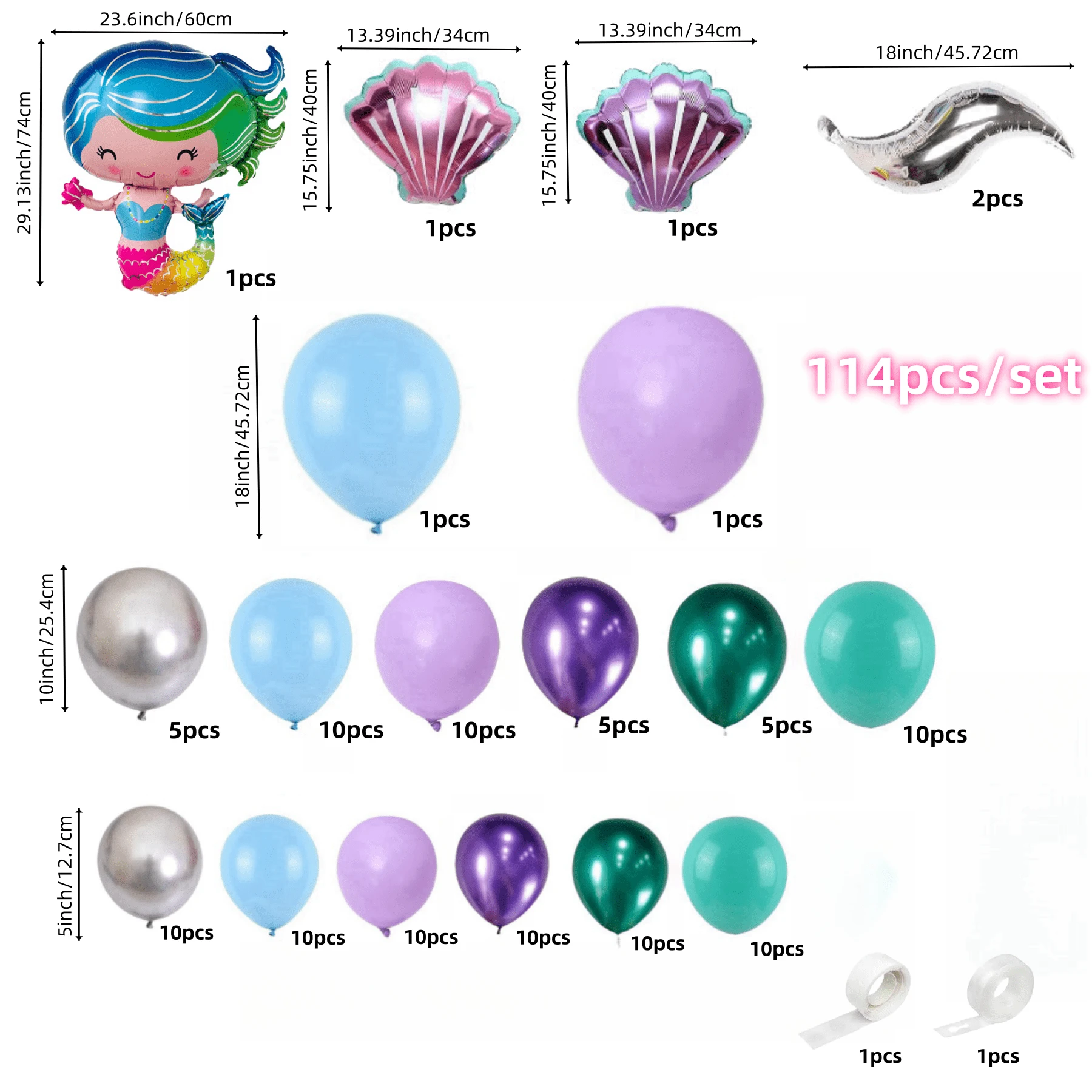 114pcs/Set Mermaid Theme Balloon Garland Kit, Soft Purple, Blue And ...