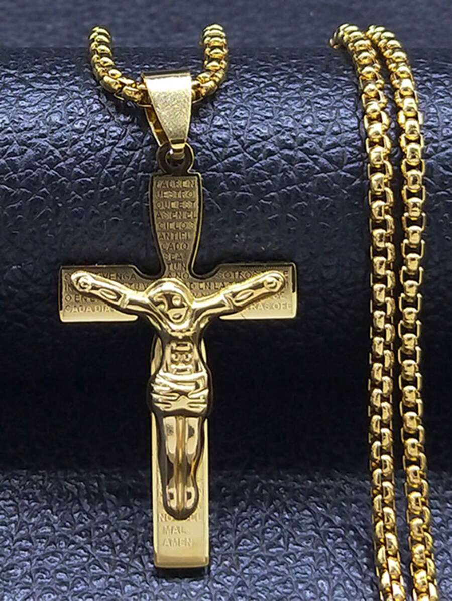 Catholic Jesus Cross Necklace For Men Stainless Steel Gold Color Bible ...
