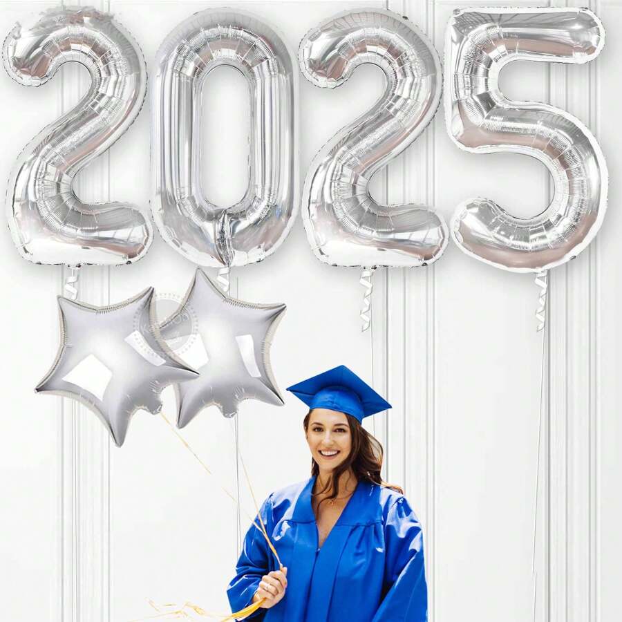 2025 Balloon Numbers Silver 32 Inch Gold 2025 Balloons With Silver Star ...