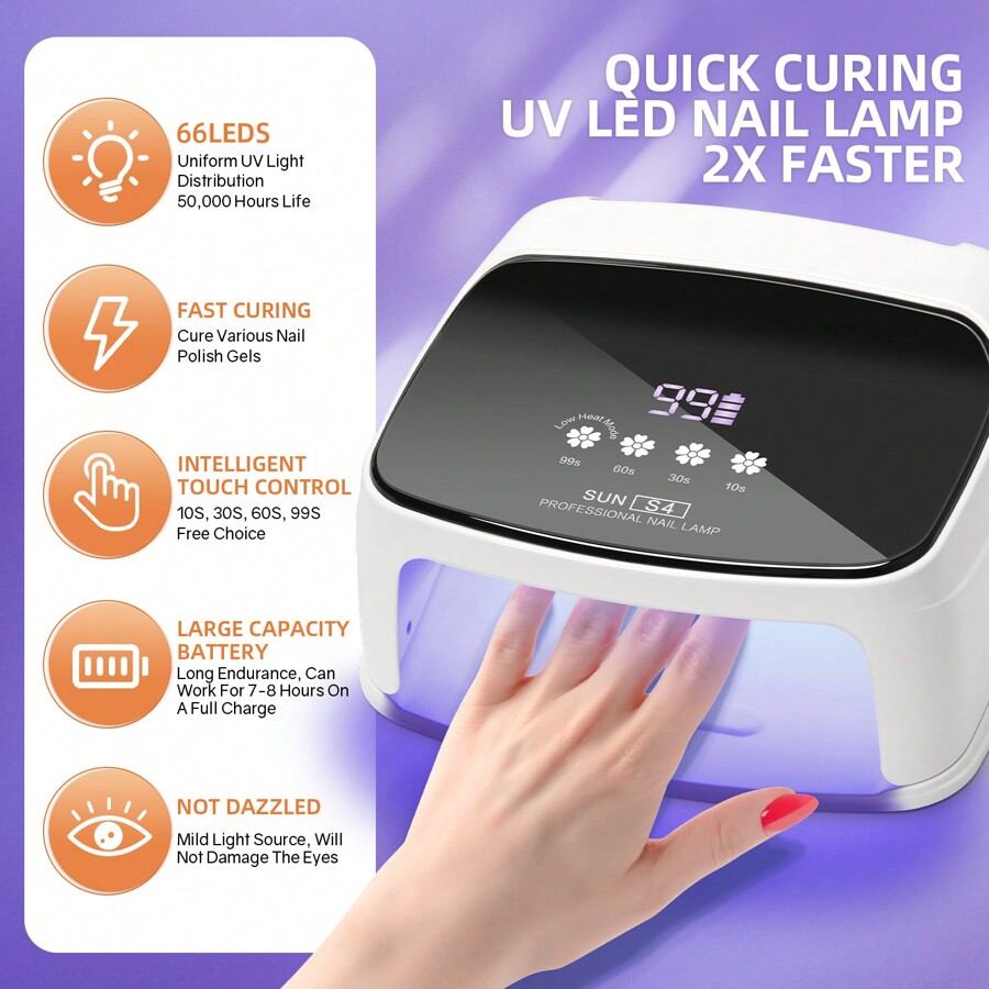 Lampe à ongles UV LED 66 LED sans fil avec 4 paramètres de minuterie, sèche-ongles rechargeable ...