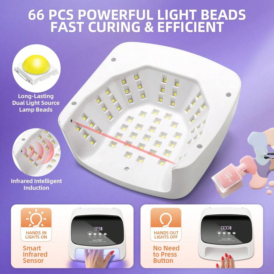 Lampada per unghie UV LED 66 LED senza fili con 4 impostazioni timer, lampada per manicure ...
