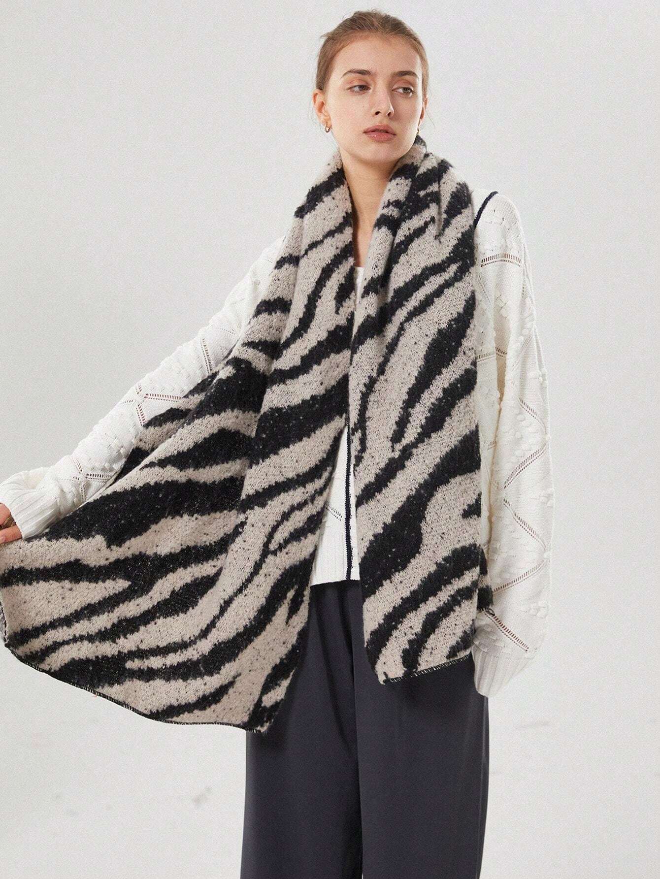 Zebra Print Knitted Shawl/Scarf, Extra Large Size, Stretchy Knitted ...