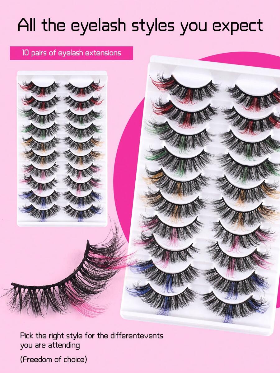 10 Pairs Colored Fluffy Thick Long Eyelashes, 3D Curled Extension Salon ...