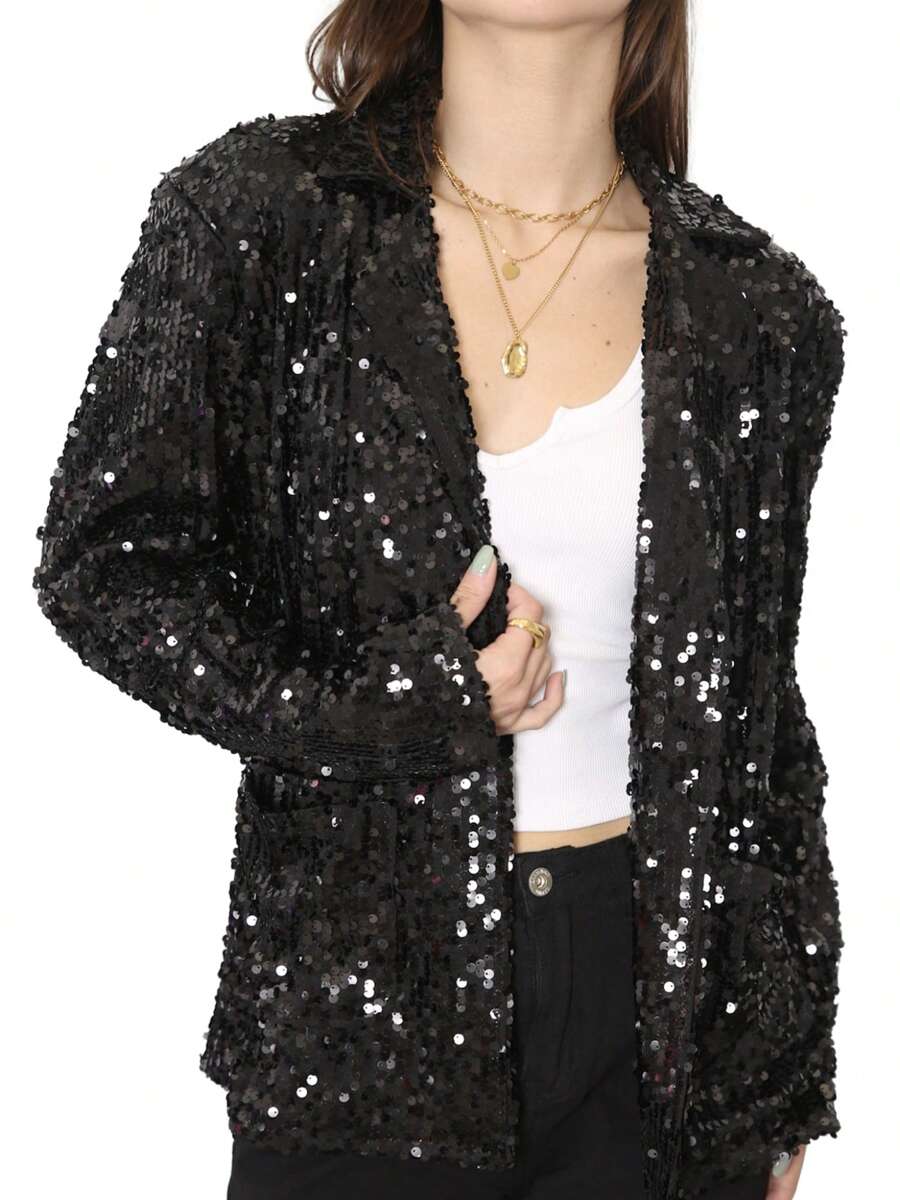 Women's Sequin Jackets Long Sleeve Open Front Glitter Sparkle Party ...