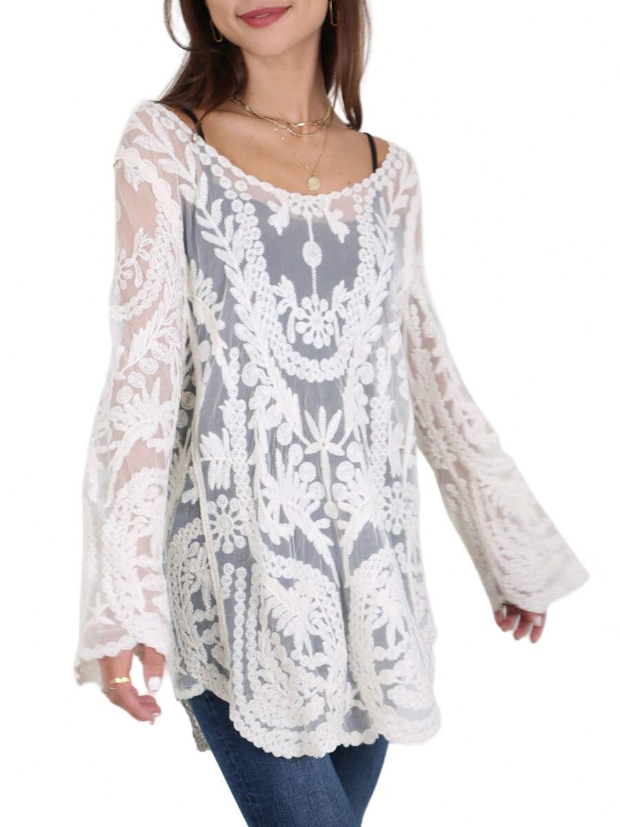 Women's Crochet Lace Cover Up Swimwear Bathing Suit Long Sleeve Bikini ...