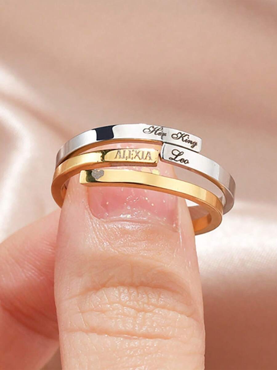 1pc Gold Plated Stainless Steel Leaser Name Finger Ring Engraved Name ...