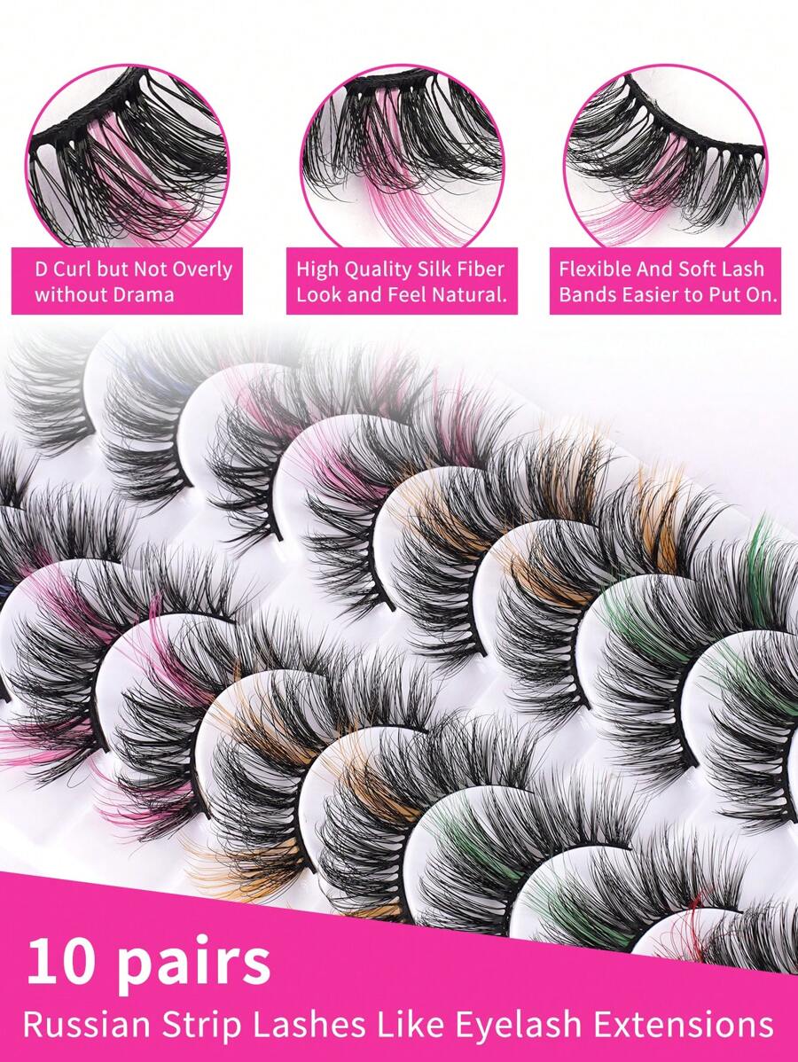 10 Pairs Colored Fluffy Thick Long Eyelashes, 3D Curled Extension Salon ...