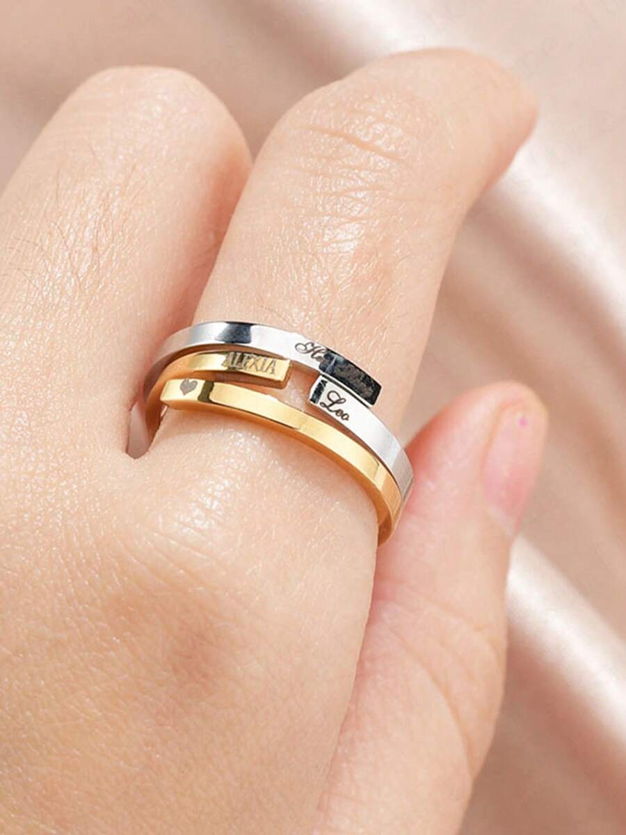 1pc Gold Plated Stainless Steel Leaser Name Finger Ring Engraved Name ...