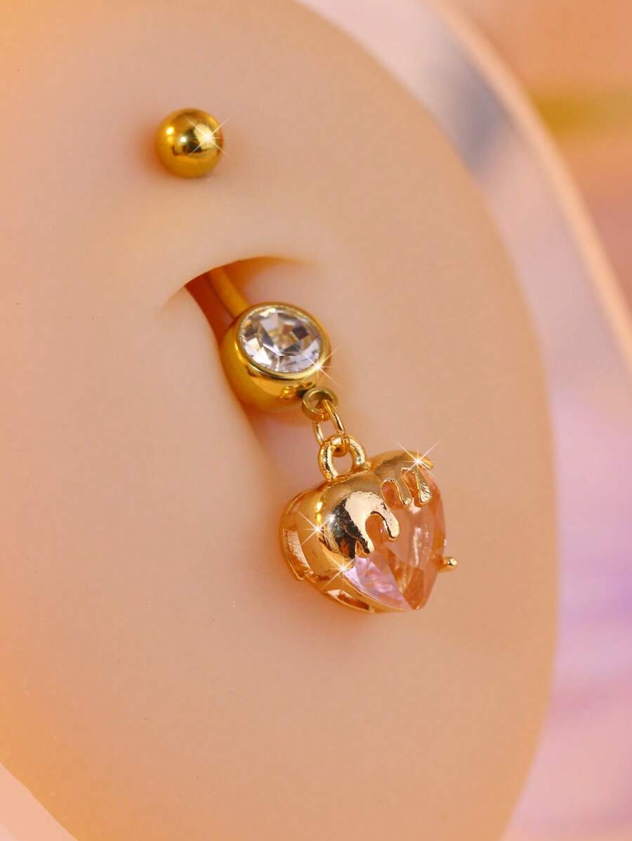 Heart-Shaped Pink & Green Synthetic Cubic Zirconia Navel Piercing Belly ...