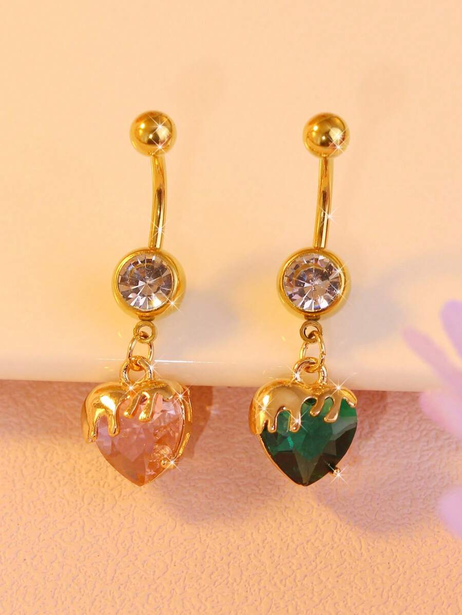 Heart-Shaped Pink & Green Synthetic Cubic Zirconia Navel Piercing Belly Button Ring ...
