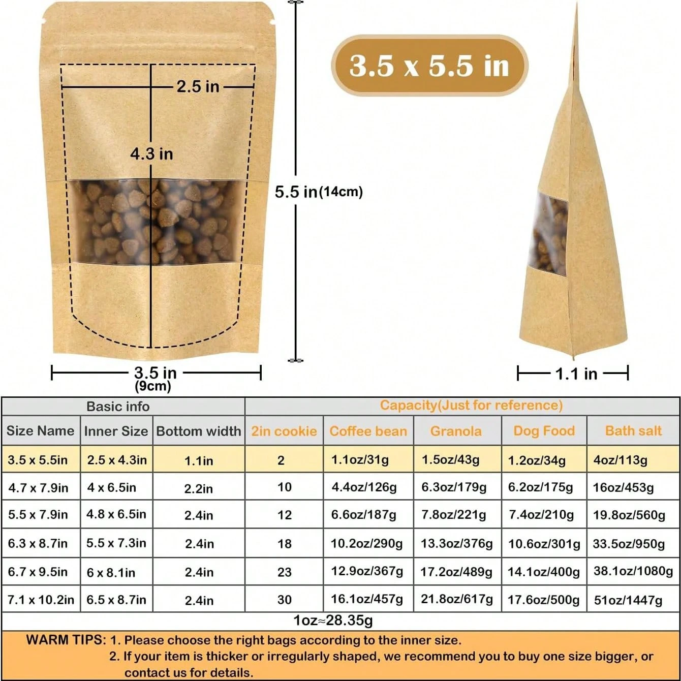50pcs Stand Up Pouch Bags For Packing Coffee Bean Cookies Snacks, Kraft ...