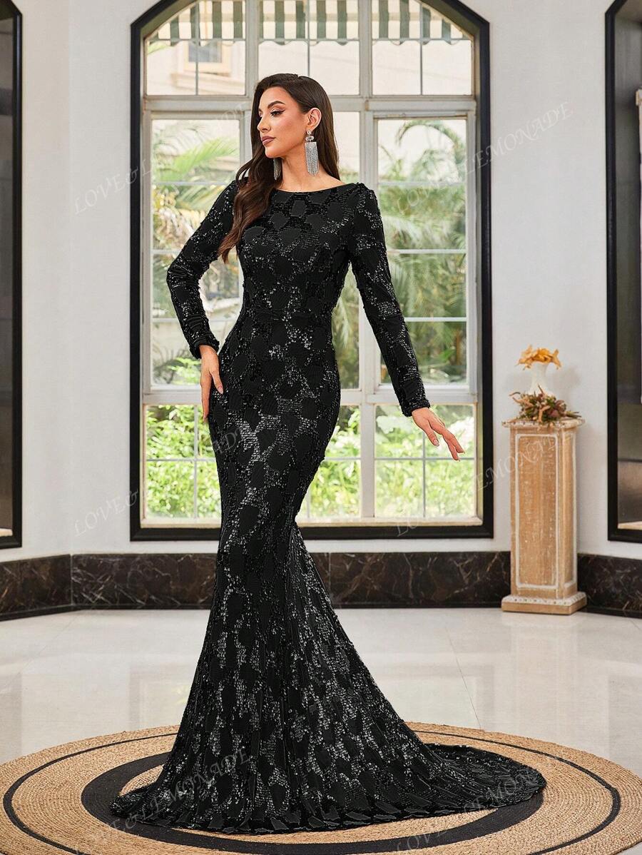 LOVE&LEMONADE Robe de soirée longue noire à manches longues et sequins, robe de bal de promo ...