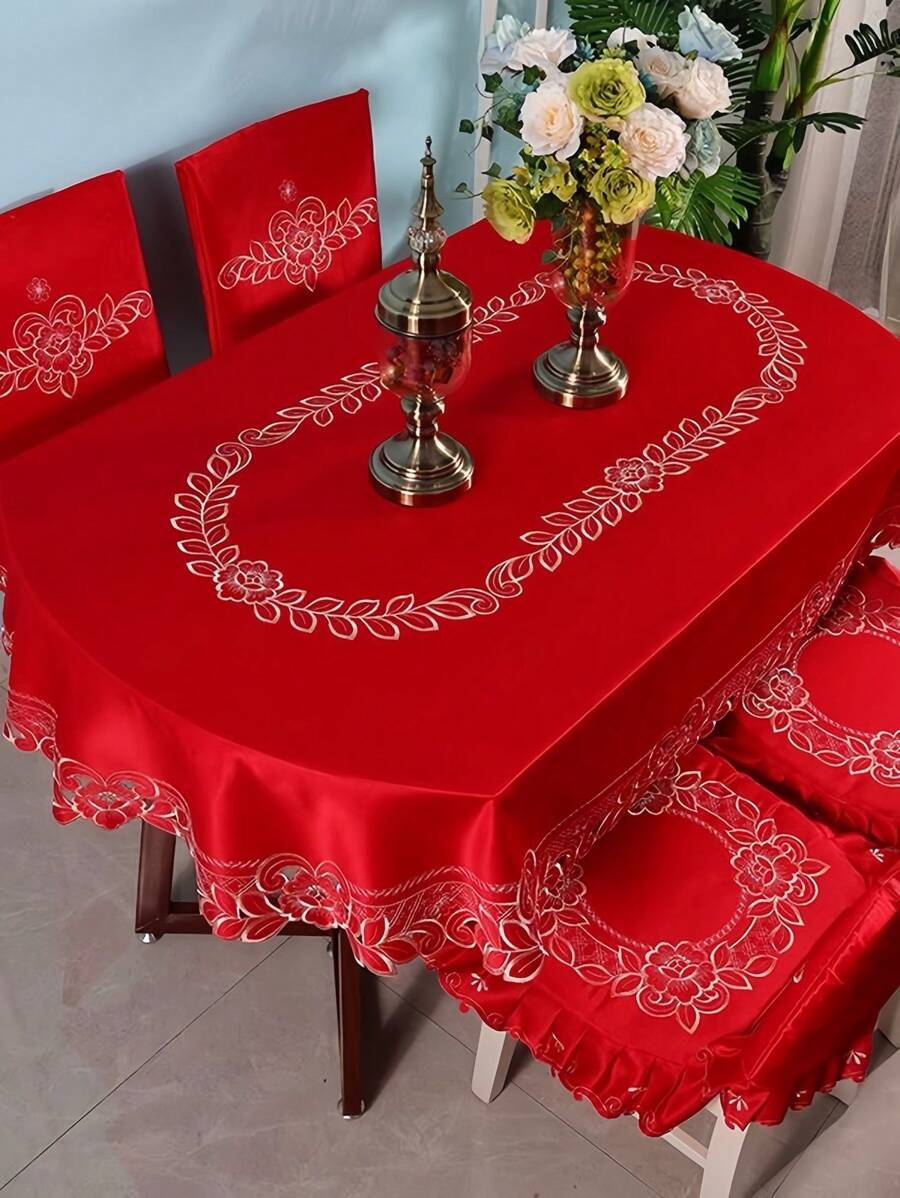 1pc Red Embroidery Tablecloth, Festive European Oval Polyester ...