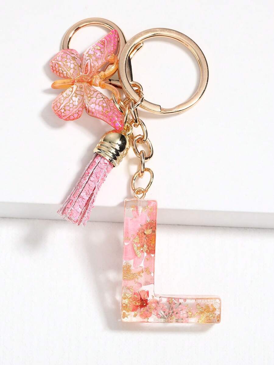 1pc New Dried Flower Crystal Epoxy Flower Letter Keychain, Fashion Bag ...