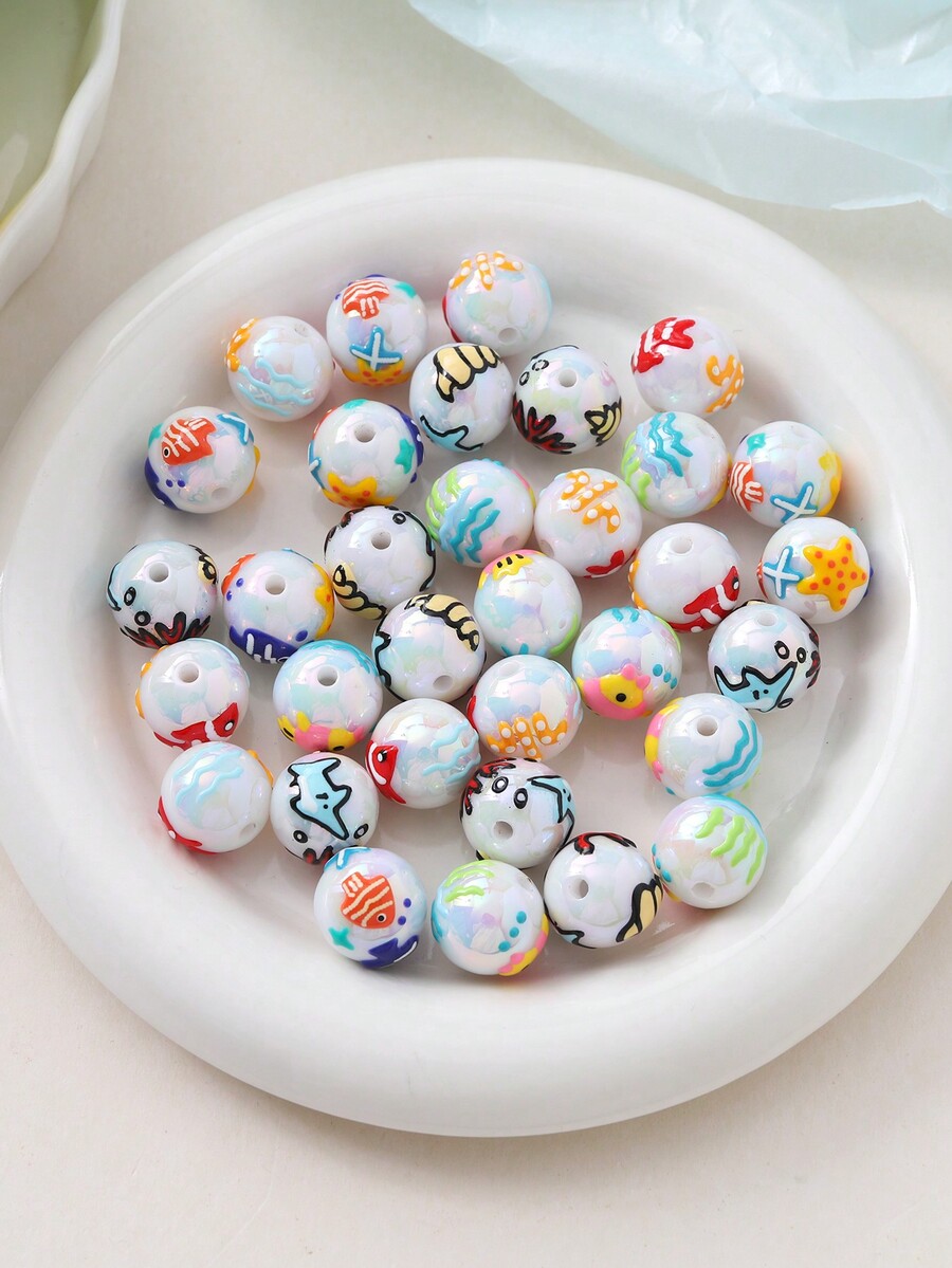 Hand-Painted Beads [Ocean Series] Acrylic Round Beads In Various Colors ...