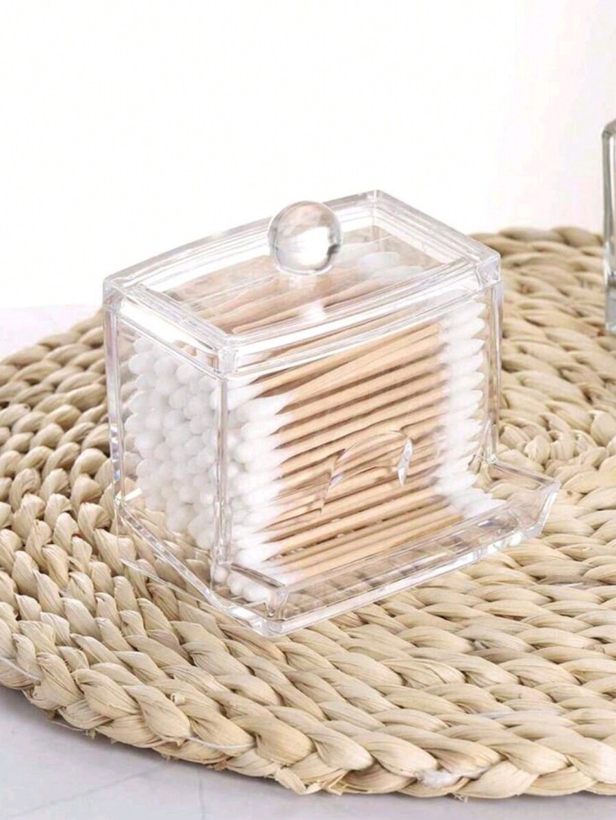 1 Pc Acrylic Qtip Holder With Bamboo Lid, Clear Small Swab Dispenser ...