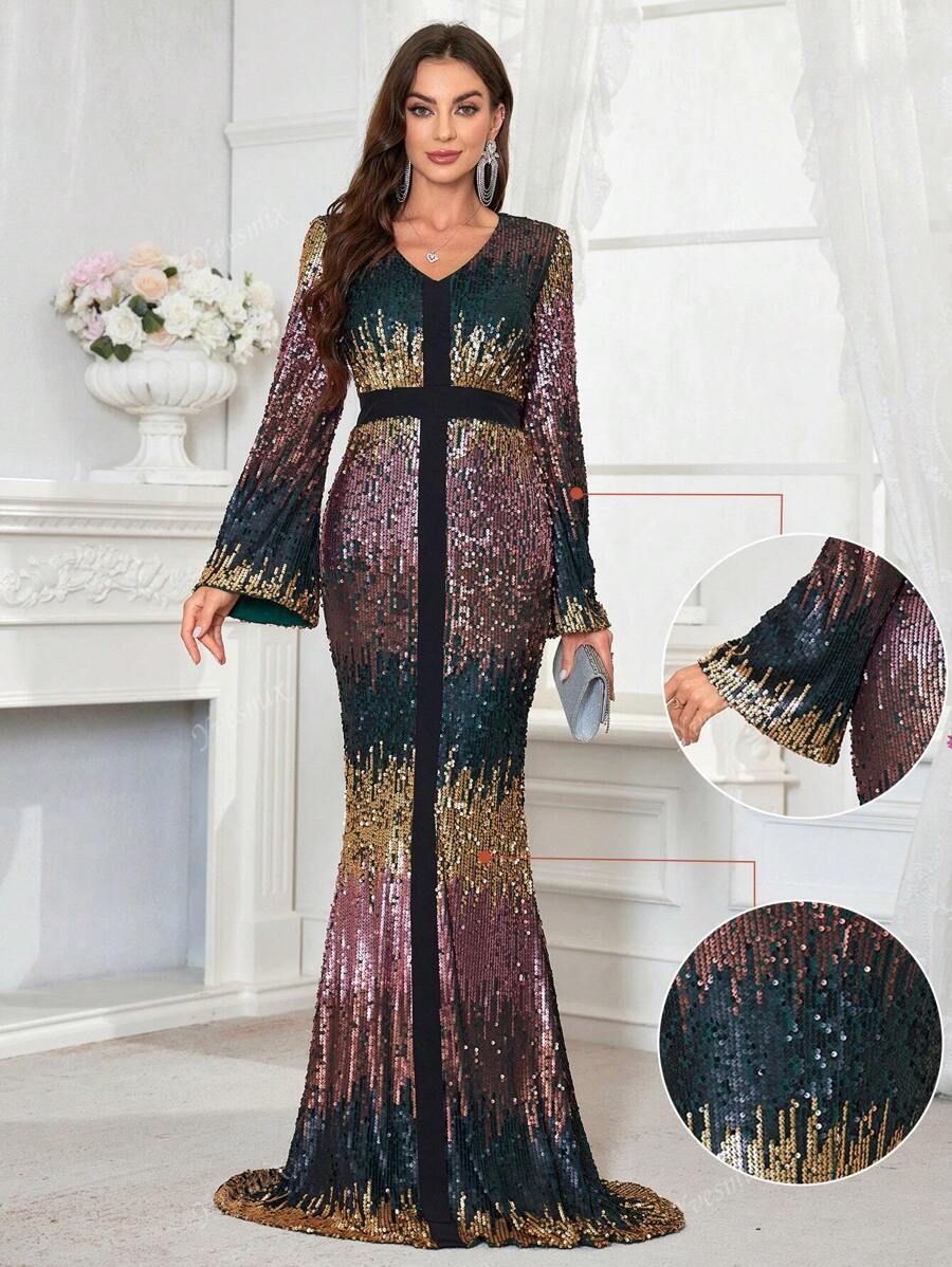 Robe longue à manches longues et col en V pour femmes, décorée de sequins dégradés dans un style ...