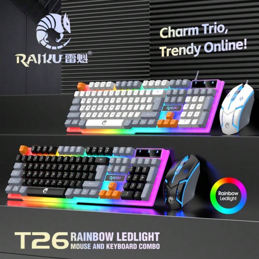 RAIJU T26 Wired Gaming Keyboard & Mouse Combo, Rainbow RGB Backlight, 3 ...