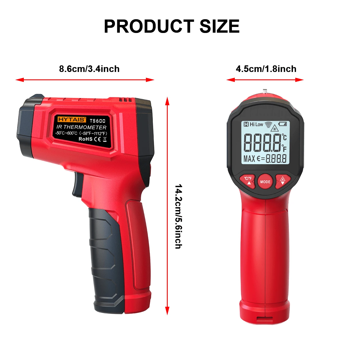 HYTAIS TS600デジタル温度計、非接触温度センサー、非接触赤外線温度計、放射率調整可能、-50~600°C、ピザ窯、産業用、屋外での温度測定に適したハンディ型 ...
