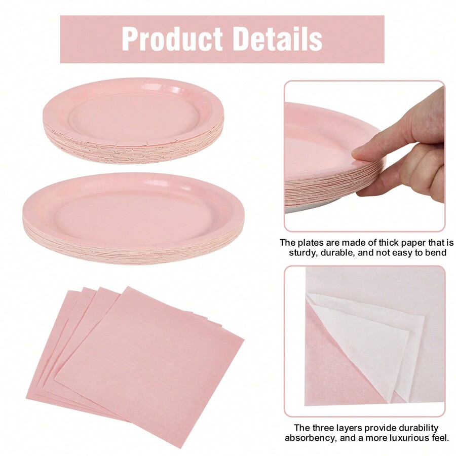 Solid Light Pink Paper Plates And Napkins Set With Plastic Tablecloth ...