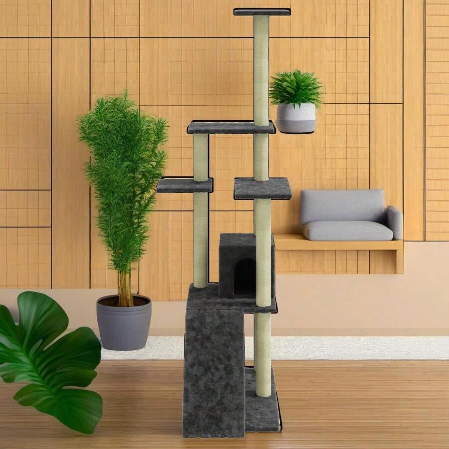 Dark Grey Cat Tree Furniture With Plush Cat House Scratching Post For ...