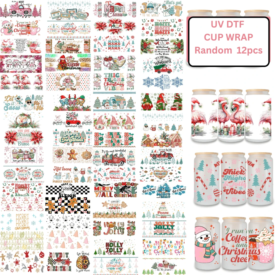 12 Pieces/Set UV DTF Cup Wraps Christimas Designs For Glass Can ,Rub On ...