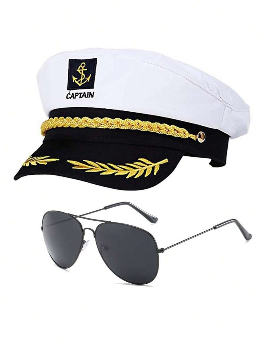 2pcs Sailor Captain Hat And Sunglasses, Yacht Cruise Costume Accessory ...