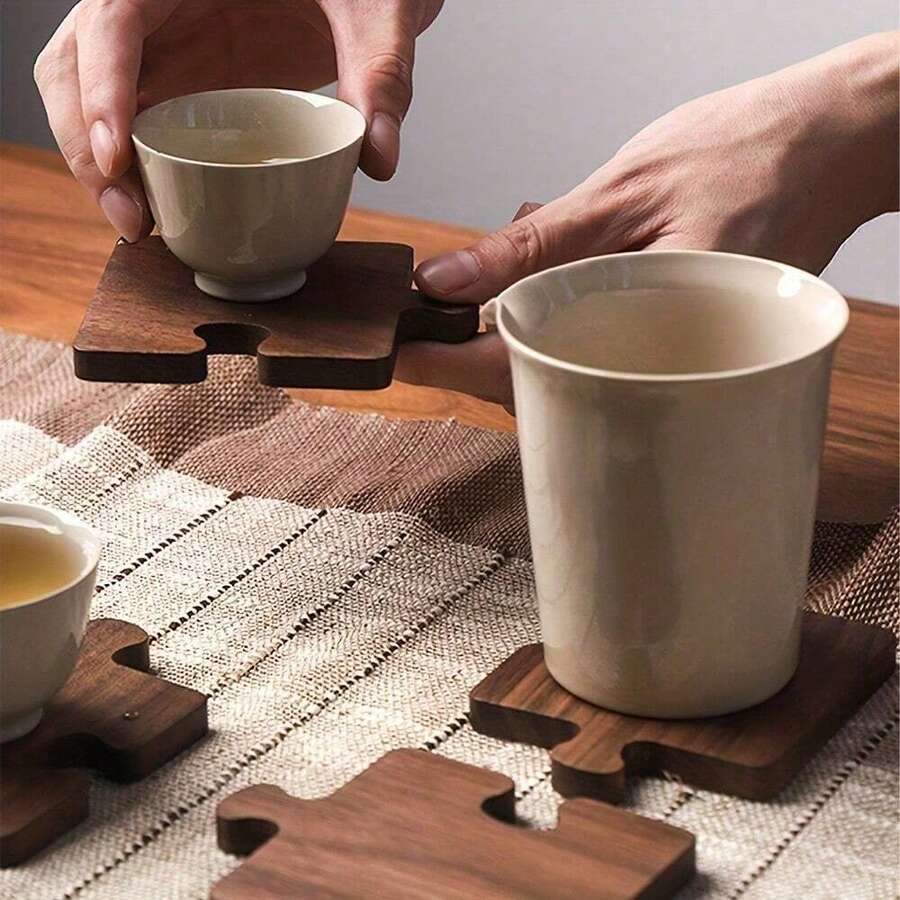 4pcs Retro Dark Walnut Wood Coasters - Puzzle Shape Wooden Cup Mats For ...
